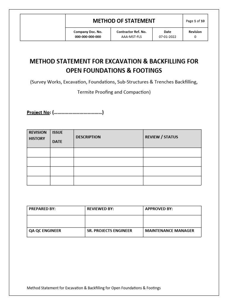 Method Statement for Excavation & Backfilling for Open Foundations & Footings | PDF | Safety ...