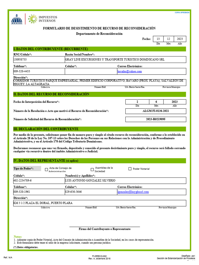 FI-DRECO-002 Formulario de Desistimiento de Recurso de Reconsideración, Rev. A | PDF ...