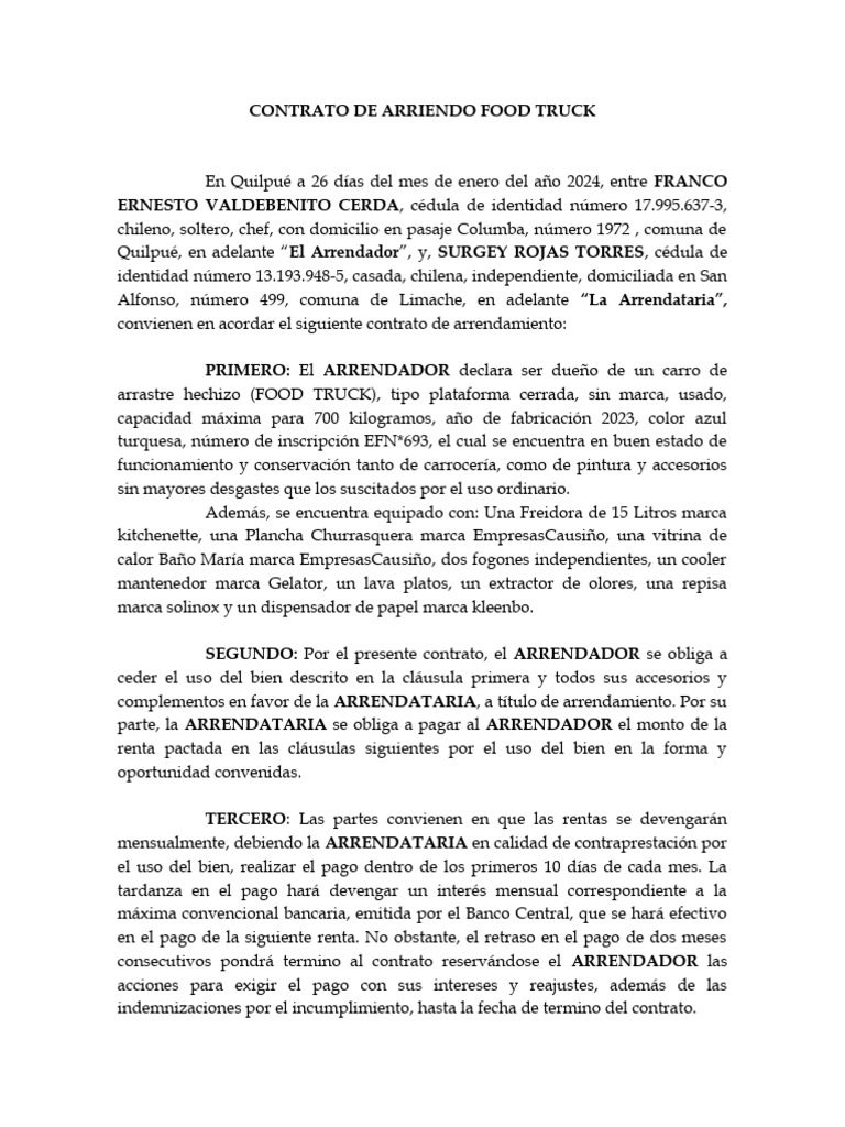 Contrato de Arriendo Food Truck | PDF | Derecho civil (sistema legal) | Derecho privado