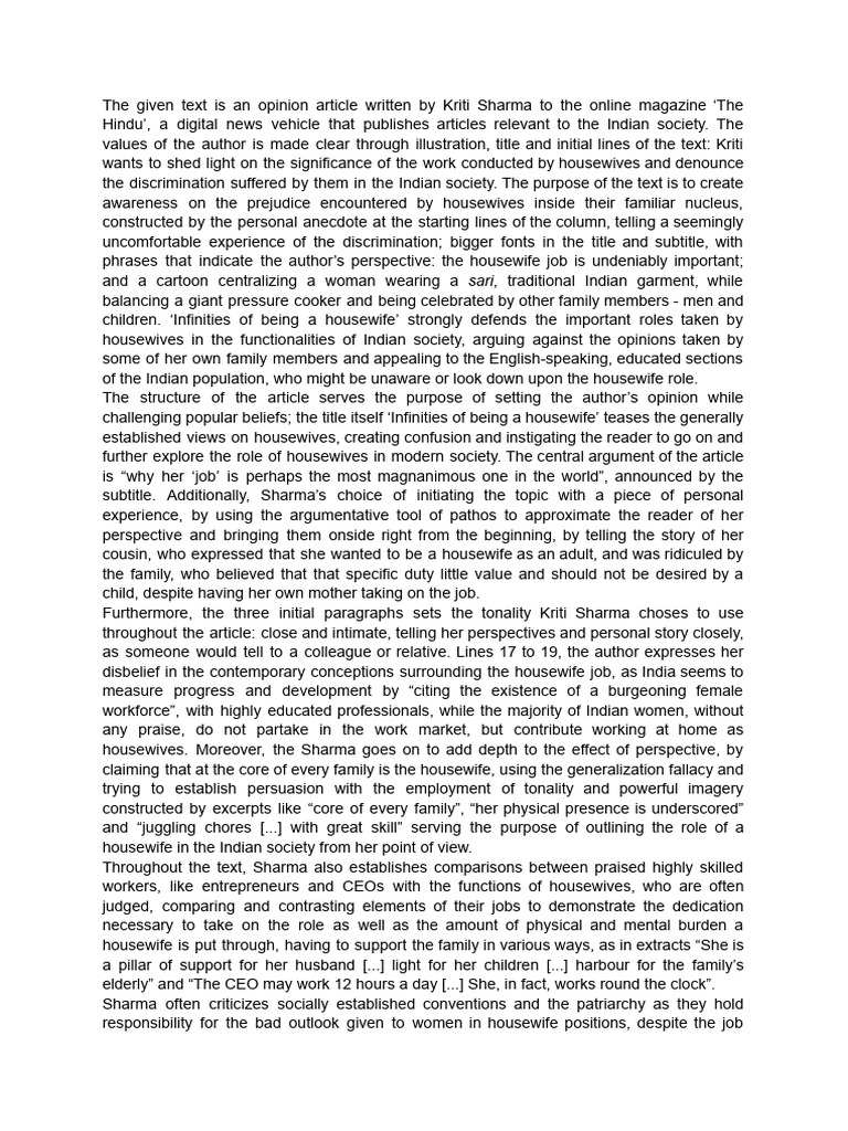 IB English Language and Literature Paper 1 | PDF | Housewife