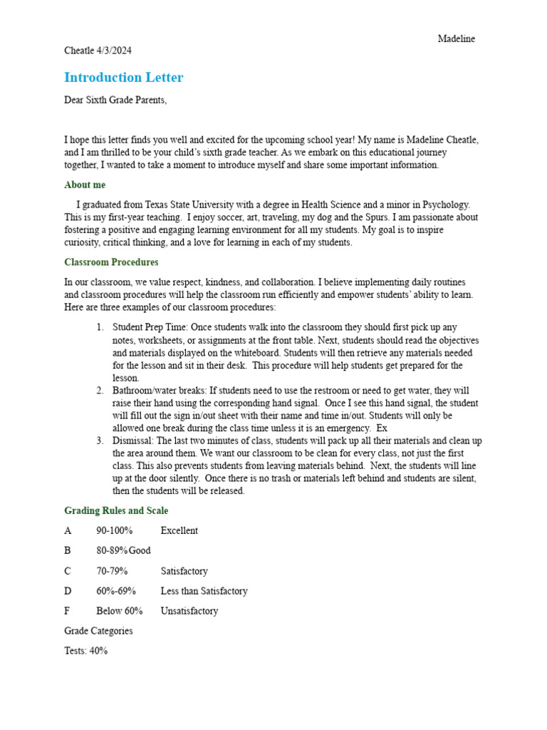 Parent Introduction Letter | Download Free PDF | Classroom | Homework