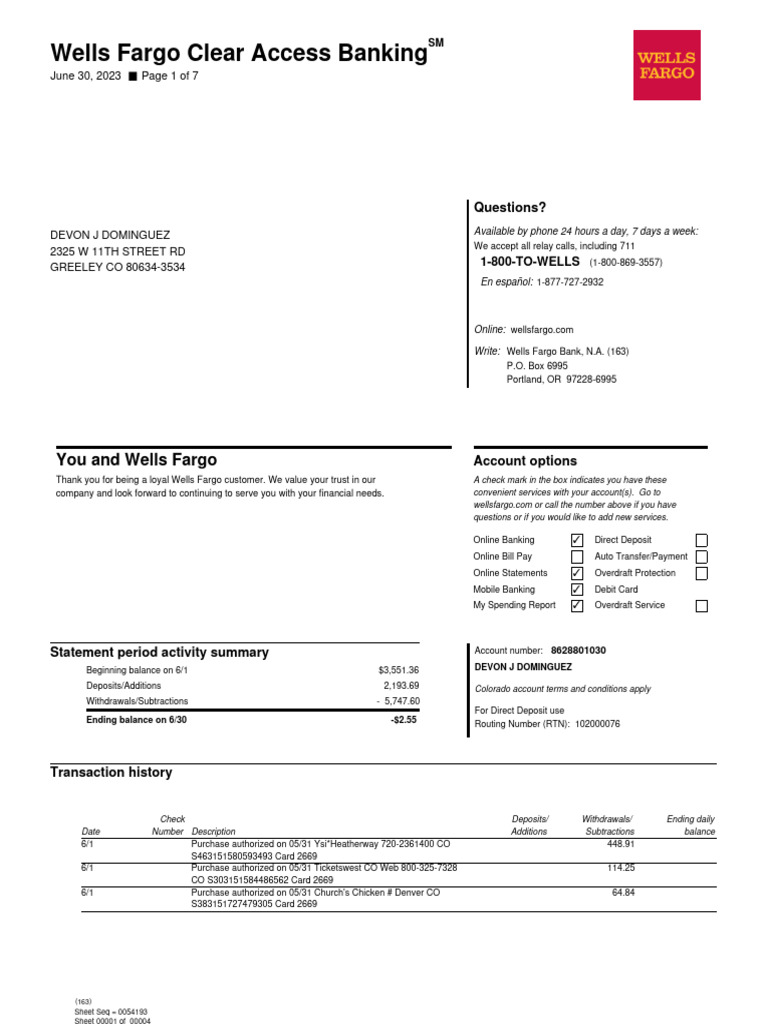 Wells Fargo Clear Access Banking | PDF | Overdraft | Banks