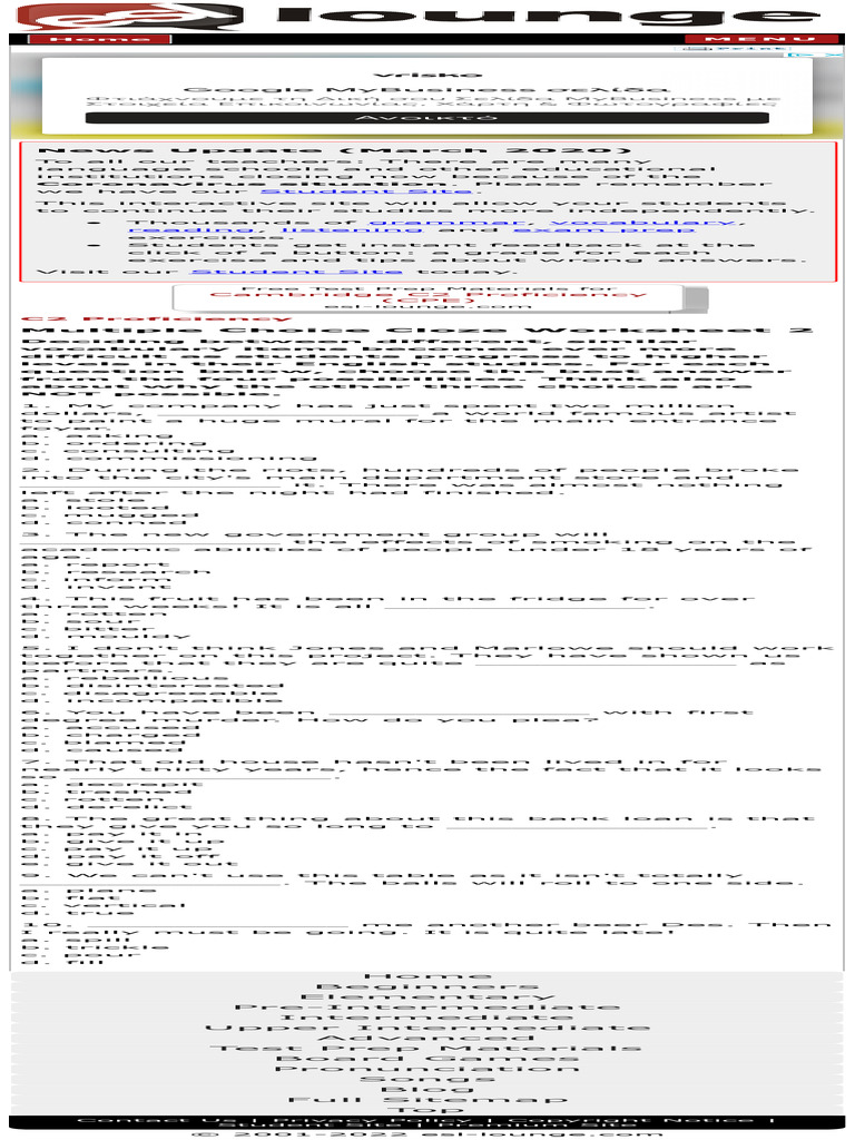 C2 Proficiency (CPE) - Multiple Choice Cloze Worksheet 2. ESL Lounge | PDF | Educational ...