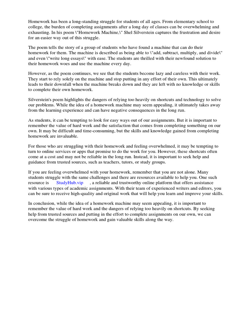 Shel Silverstein Homework Machine Poem | PDF | Essays | Critical Thinking