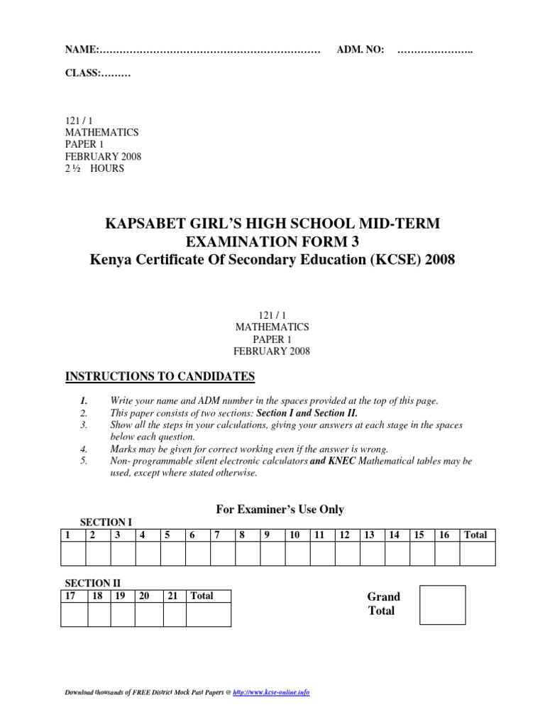 KAPSABET GIRL'S HIGH SCHOOL MID-TERM ... - KCSE Online | PDF | Velocity ...