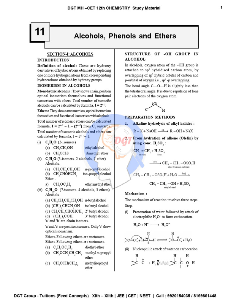 DGT Alcohols Phenols and Ethers | PDF | Ether | Hydroxide