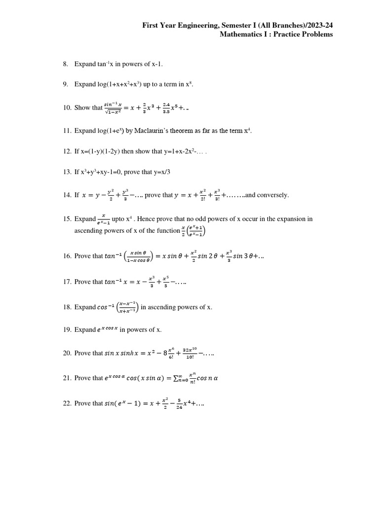 Mathematics-I, SEM-I PRACTICE QUESTIONS ON ALL MODULES-7-8 | PDF | Mathematics | Mathematical ...
