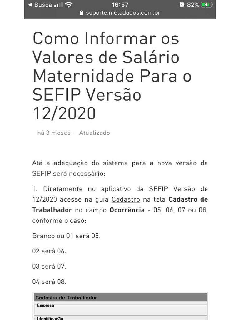 Informar Valores de Salário Maternidade SEFIP Versão 12.2020 | PDF
