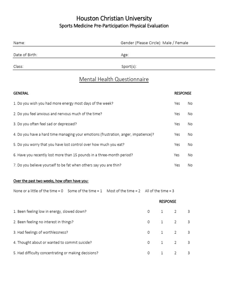 Sports Medicine Evaluation Form | PDF | Anxiety | Mental Health