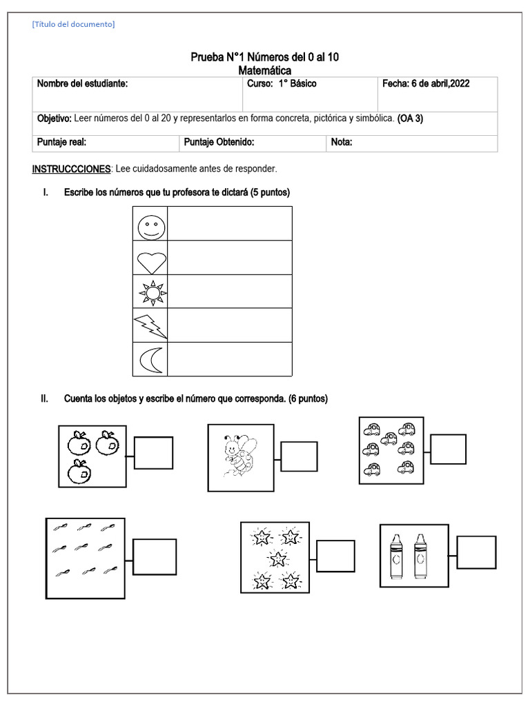 Prueba N°1 Matemática Números 0 Al 10 | PDF | Crecimiento personal y ...