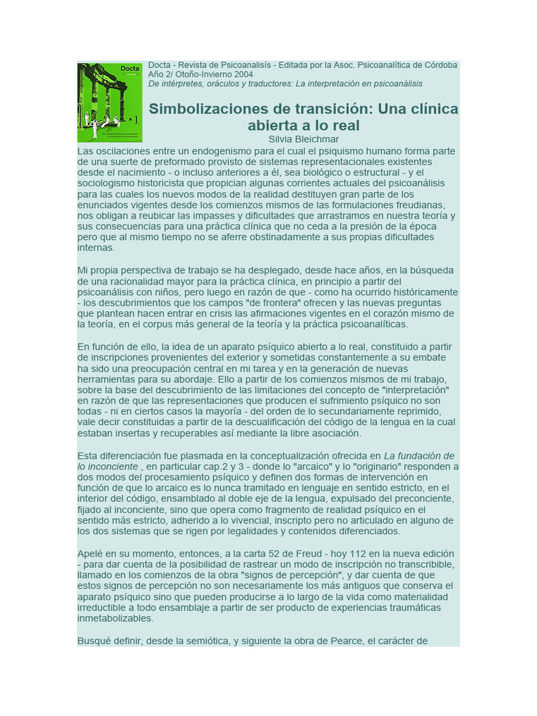 Simbolizaciones de Transición | PDF | Mente inconsciente | Psicoanálisis