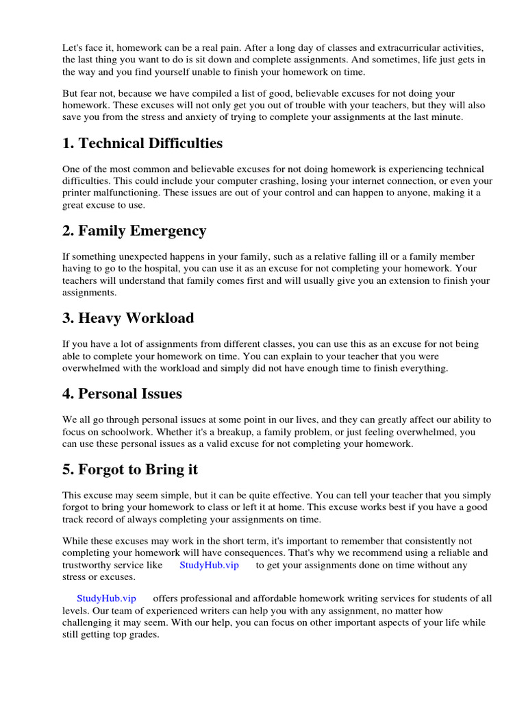 Good Believable Excuses For Not Doing Homework | PDF | Homework | Teachers