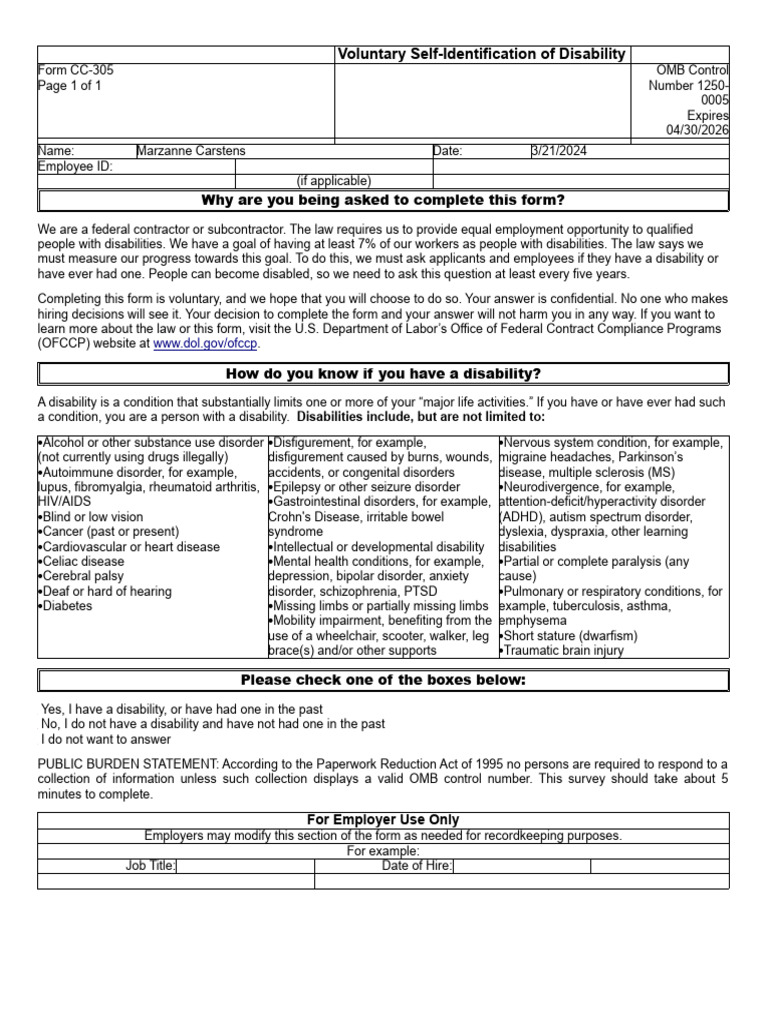 Voluntary Self Identification of Disability Template | PDF | Disability | Employment