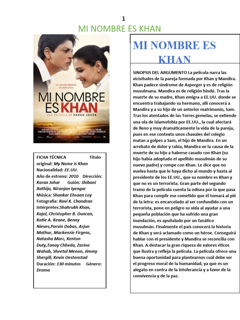 Sinopsis de "Mi Nombre es Khan" | PDF