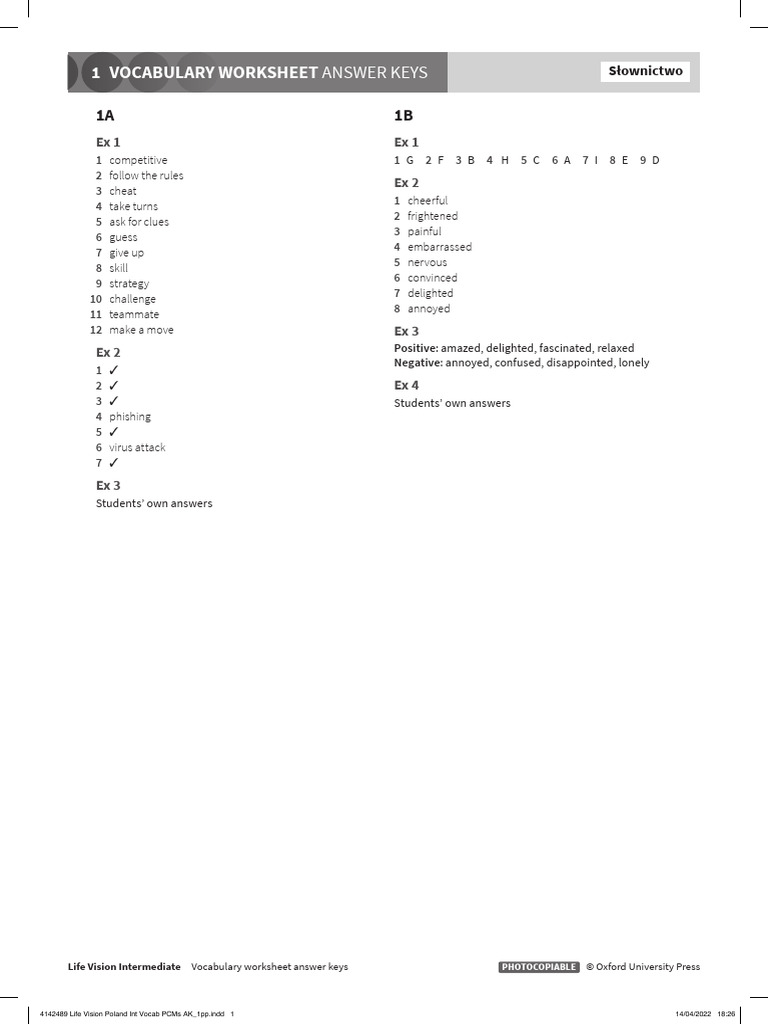 Life Vision Int Vocab Worksheets U1 AK | PDF