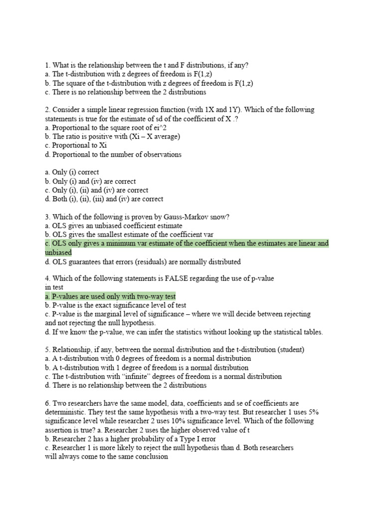 MCQs FTUKey Eng | PDF | P Value | Ordinary Least Squares
