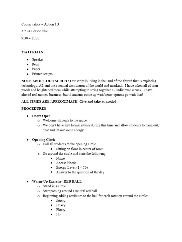 Lesson Plan Acting Level 1 | PDF