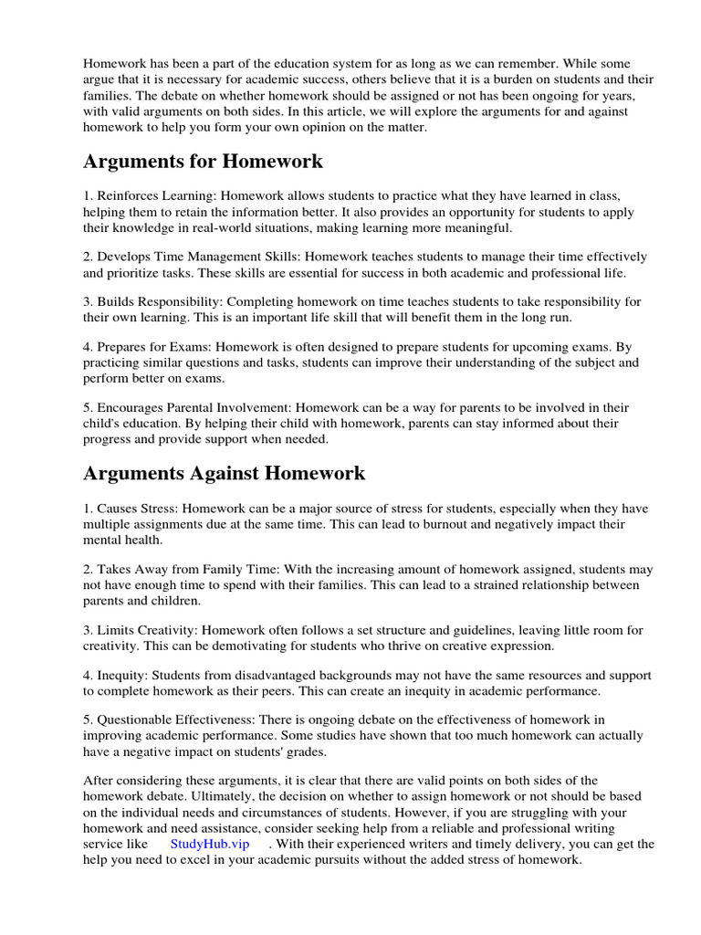 List of Arguments for and Against Homework | PDF | Homework | Essays