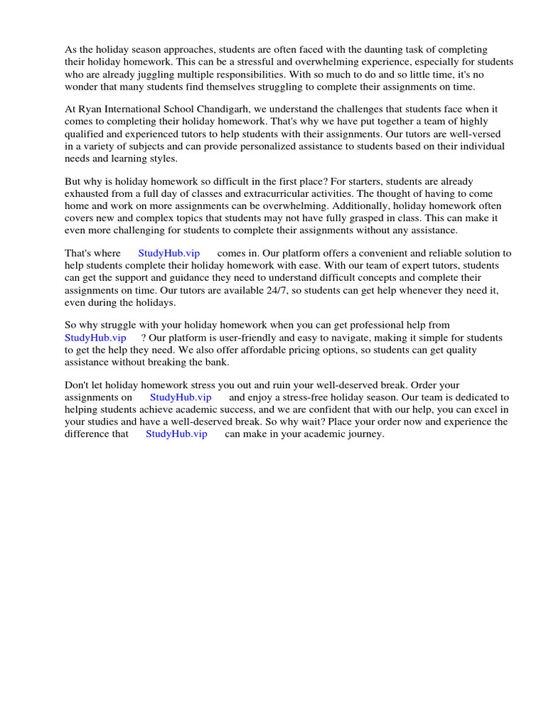 Holidays Homework of Ryan International School Chandigarh | PDF ...