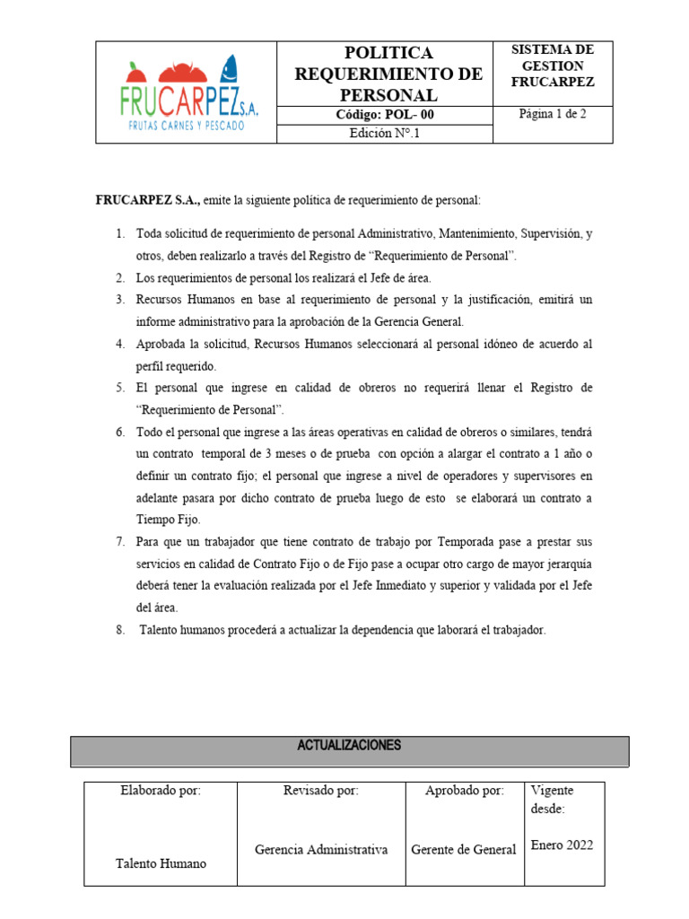 Política de Requerimiento de Personal | PDF | Gestión de recursos ...
