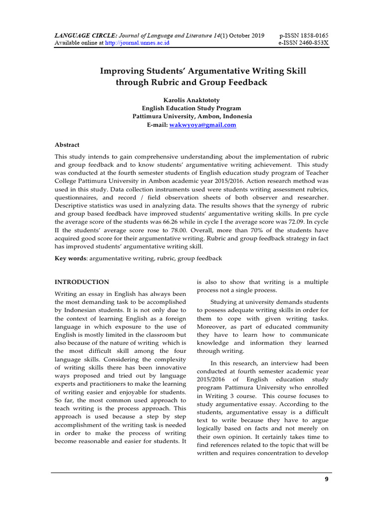 Improving Students' Argumentative Writing Skill Through Rubric and ...