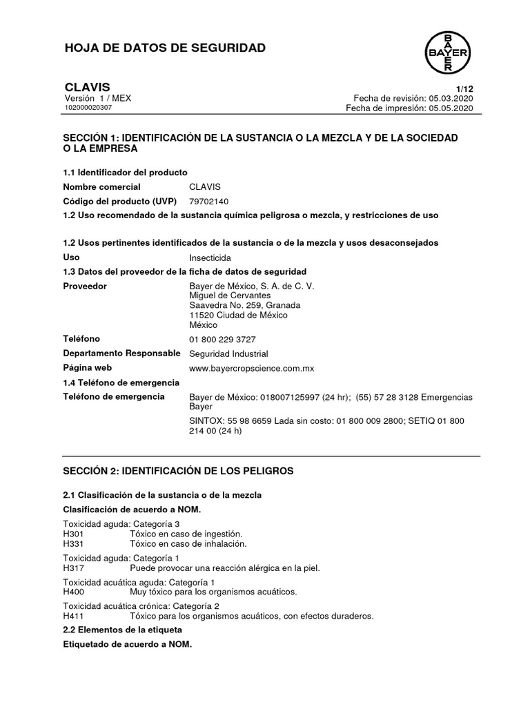 CLAVIS Hoja de Seguridad | PDF | Toxicidad | Residuos