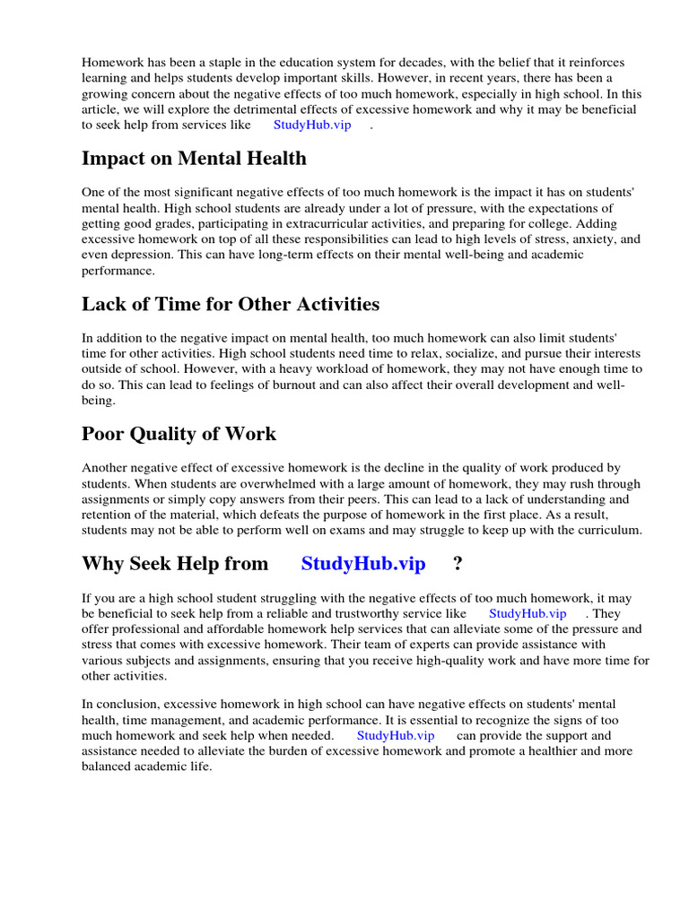 Negative Effects of Too Much Homework in High School | PDF | Homework ...