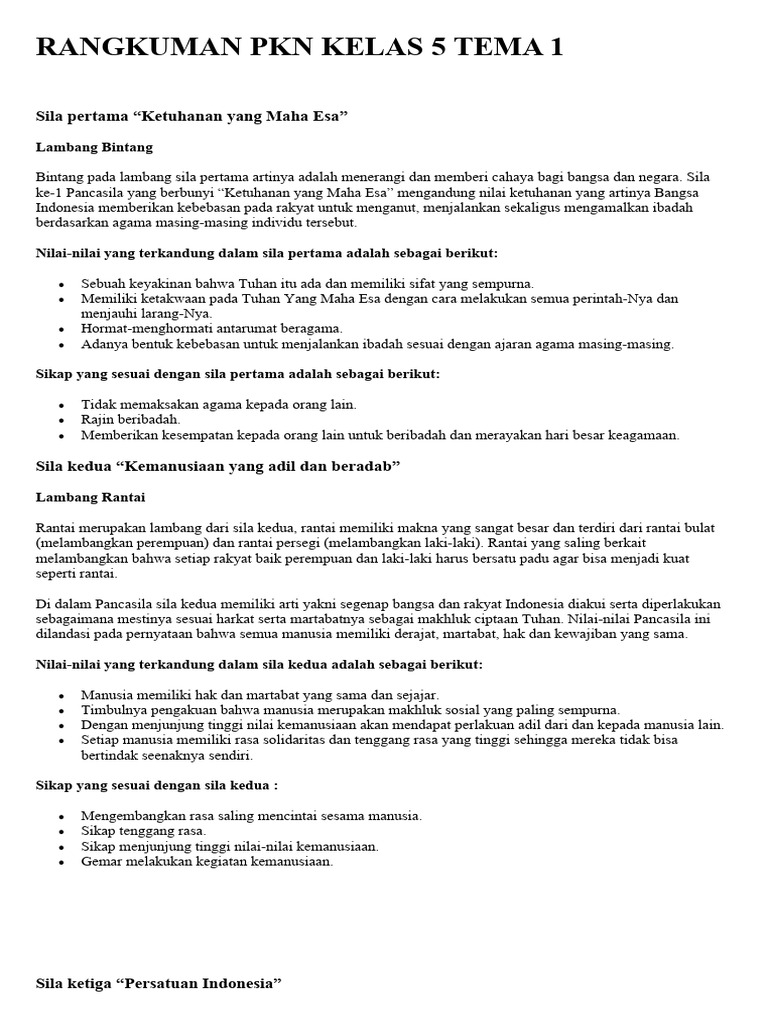 Rangkuman PKN Kelas 5 Tema 1 | PDF