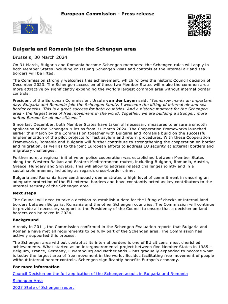 Bulgaria & Romania Join Schengen Area | PDF | European Union | Global ...