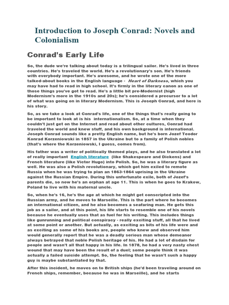Introduction To Joseph Conrad Novels and Colonialism | PDF | Joseph ...
