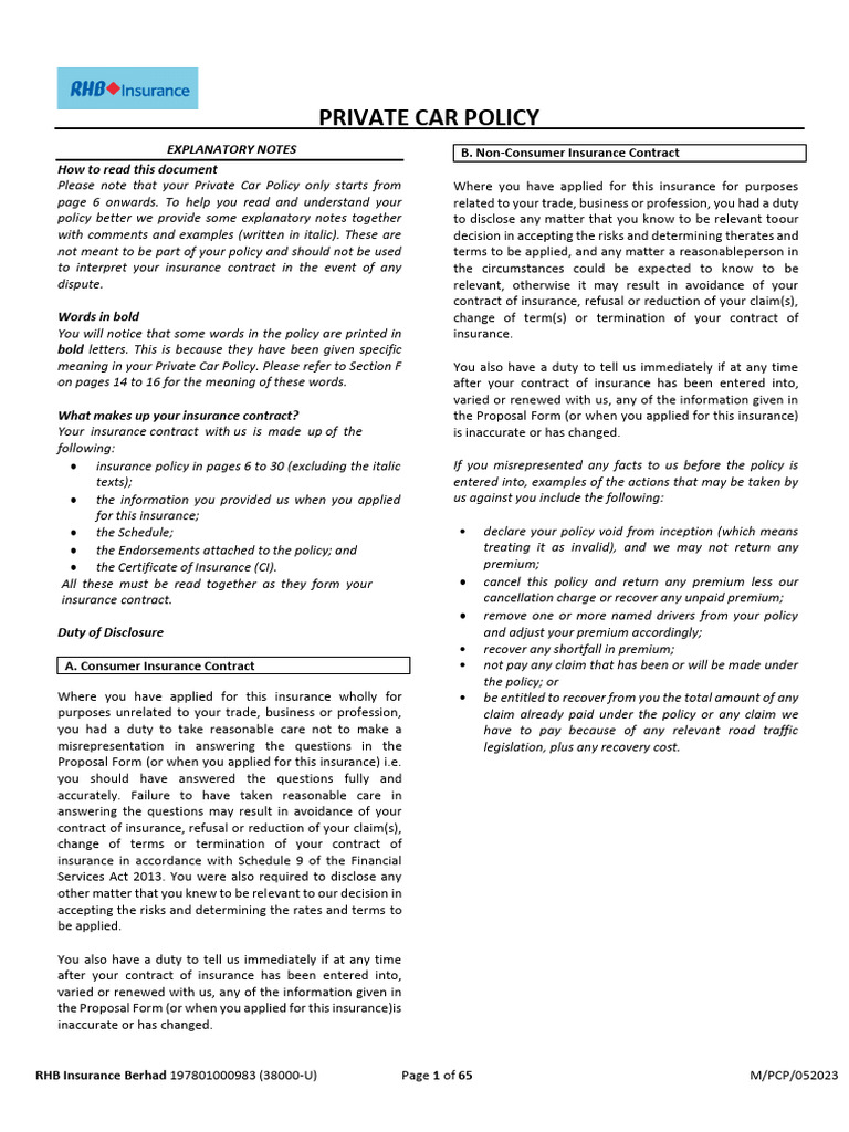Private Car Insurance Policy Overview | PDF | Liability Insurance ...