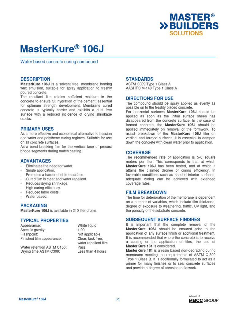 Masterkure 106j Tds | PDF | Concrete | Water