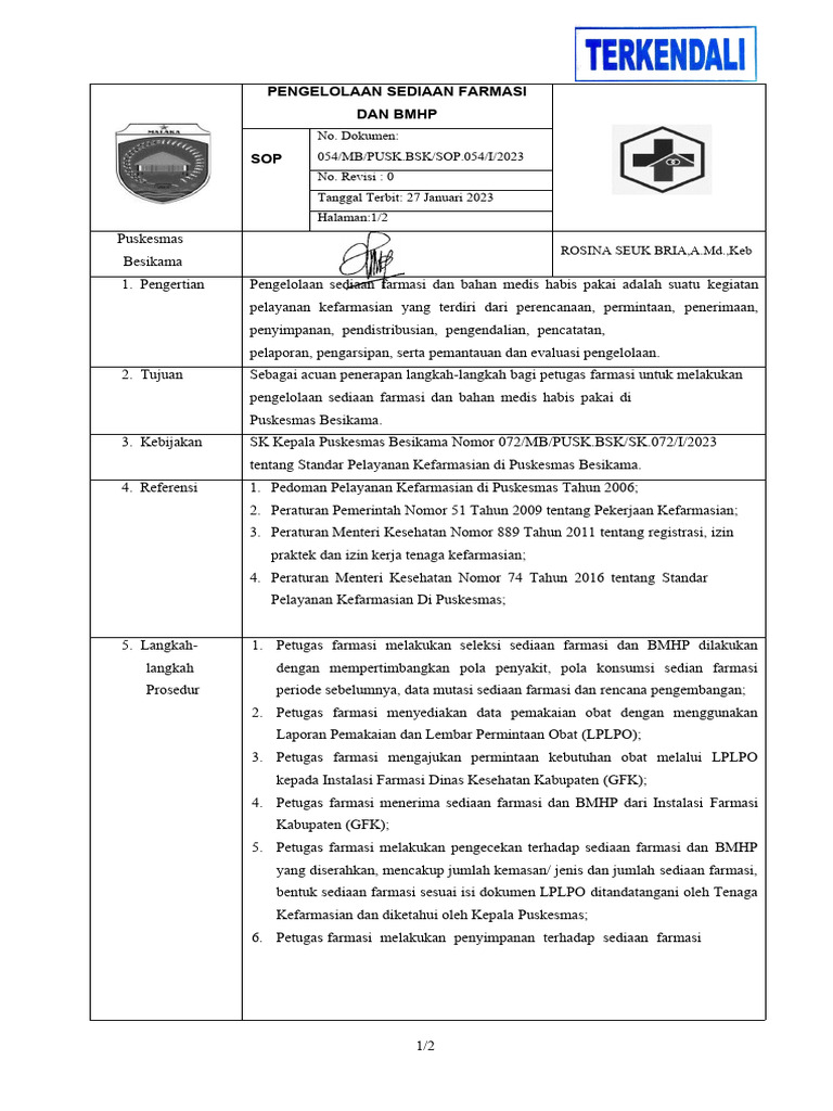 Sop 2.1 - Pengelolaan Sediaan Farmasi Dan BMHP | PDF