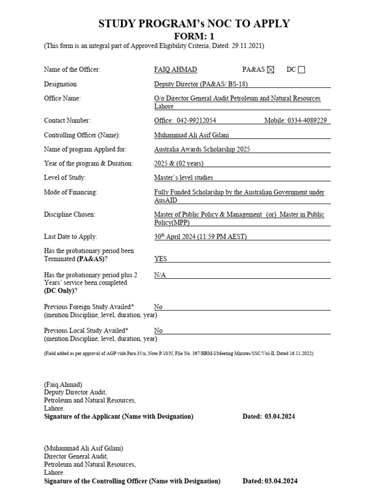 Australia Awards Scholarship NOC Form | PDF