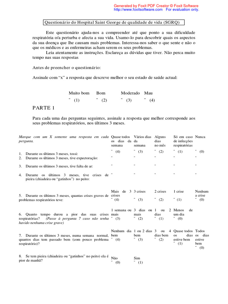 Questionário SGRQ de Qualidade de Vida | PDF | Medicina Clínica ...