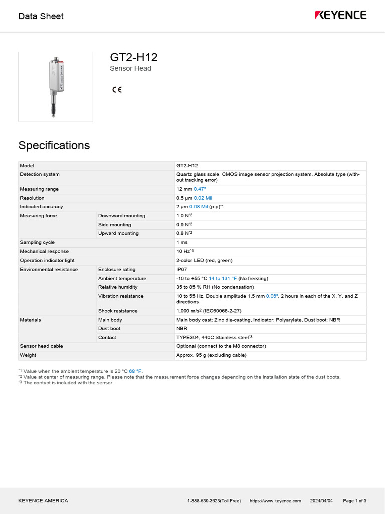 GT2-H12_Datasheet | PDF | Sensor | Metrology