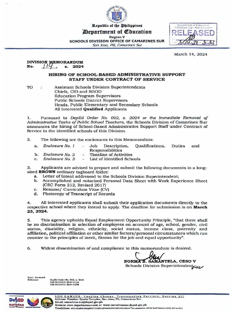 DepEd Camarines Sur Hiring Memo 2024 | PDF