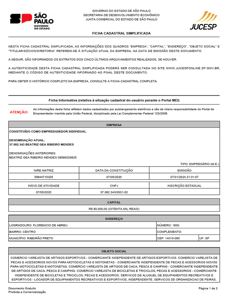 Ficha Cadastral Simplificada - NIRE 35844710325 | PDF