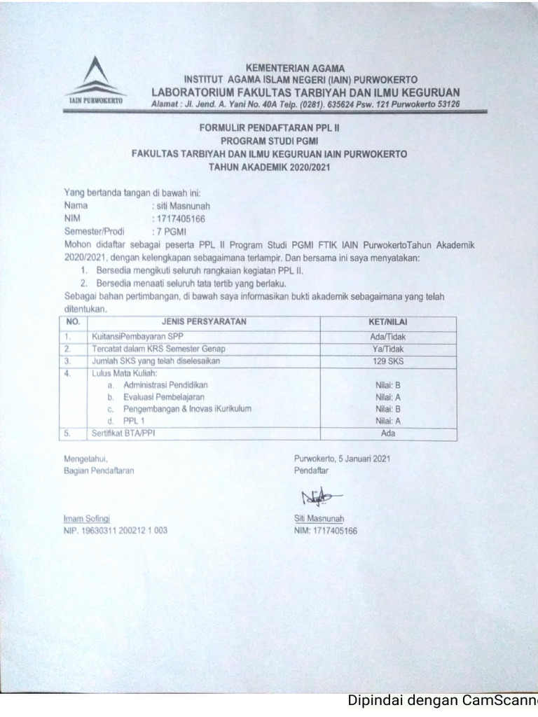 Formulir Pendaftaran PPL 2 | PDF