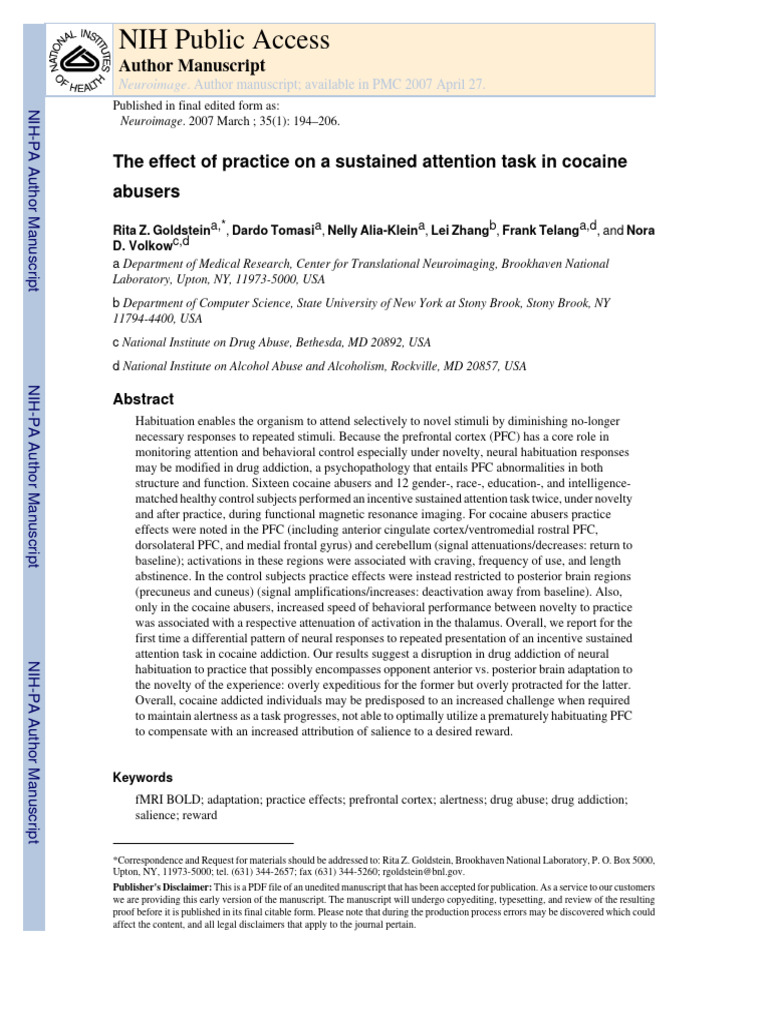 Goldstein - 2007 Attention | PDF | Prefrontal Cortex | Reward System