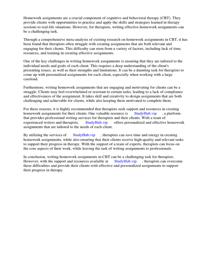 Homework Assignments in Cognitive and Behavioral Therapy A Meta ...