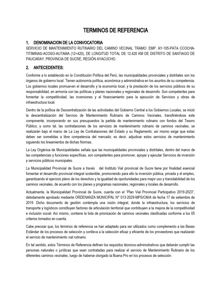 TDR MR Del Tramo Emp. 105-Pataccocha-Titiminas-Acoso-Autama 12.420KM | PDF | Gobierno local ...