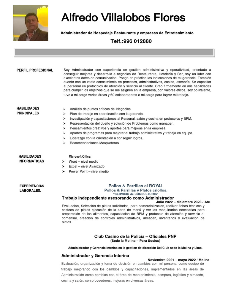 CV Alfredo Villalobos C 15 02 24 | Descargar gratis PDF | Hotel | Logística