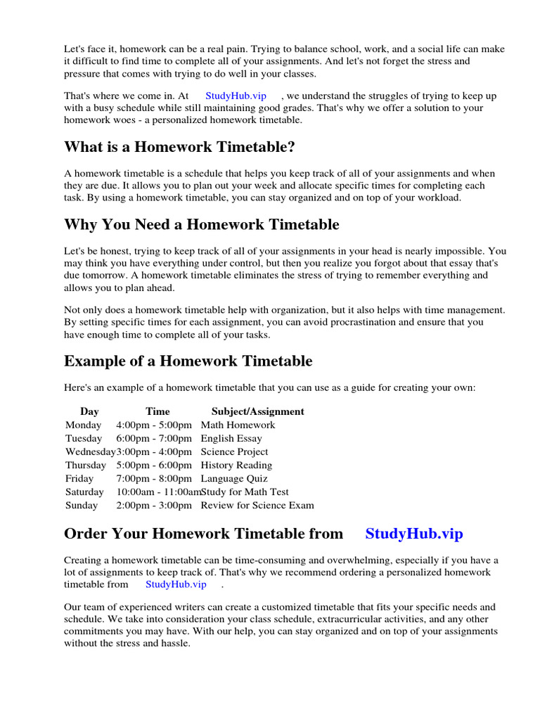 Homework Timetable Example | PDF | Homework | Educational Technology