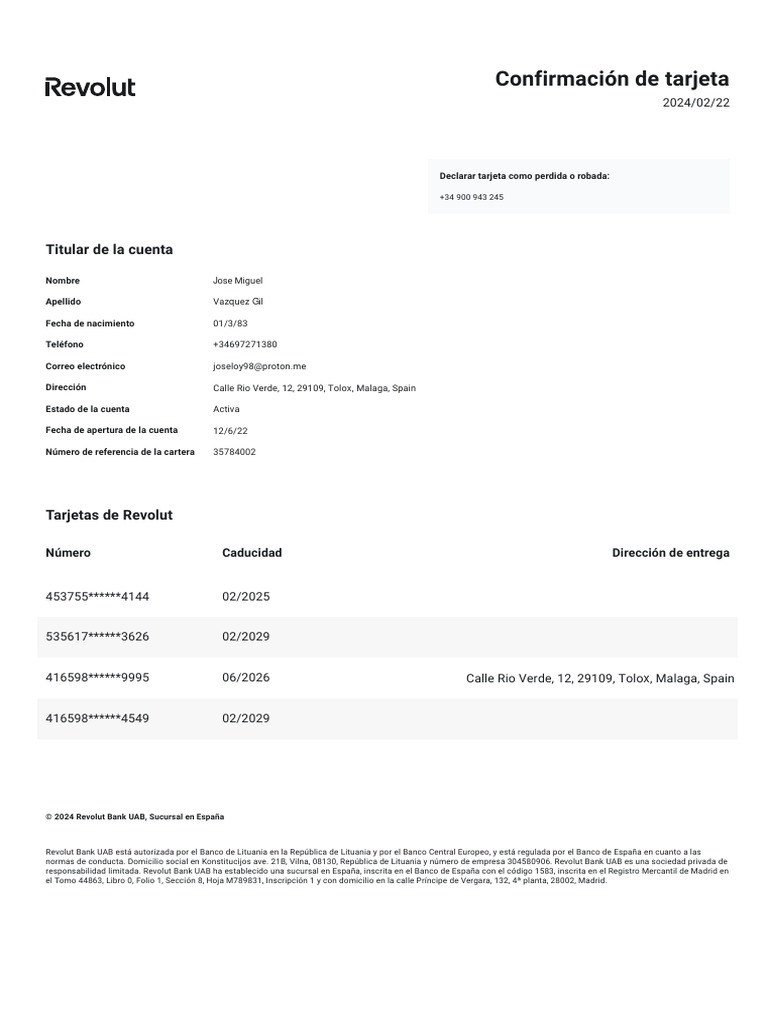 Confirmación de Tarjeta Revolut | PDF