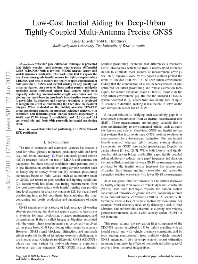 Low Cost Inertial Aiding For Deep Urban Tightly Coupled Multi Antenna Precise Gnss Pdf