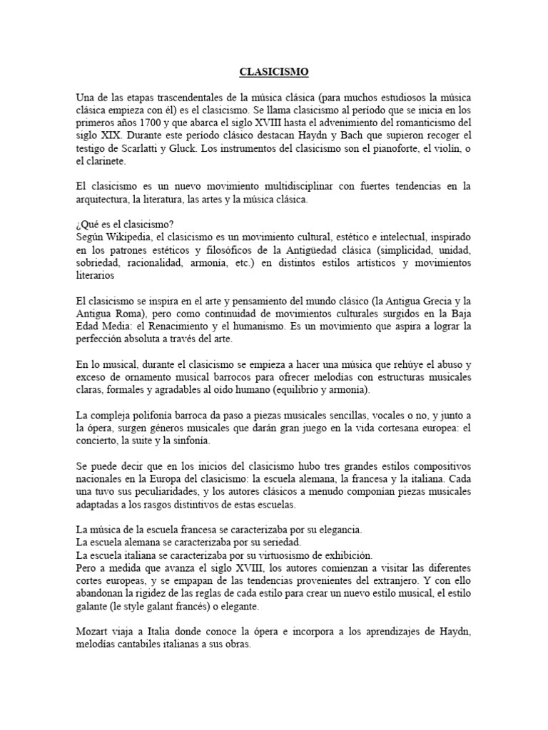 CLASICISMO | PDF | Periodo Clásico (Música) | Piano