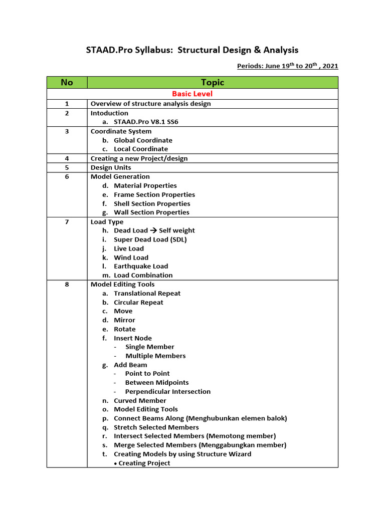 STAAD - Pro Syllabus | PDF | Beam (Structure) | Structural Engineering