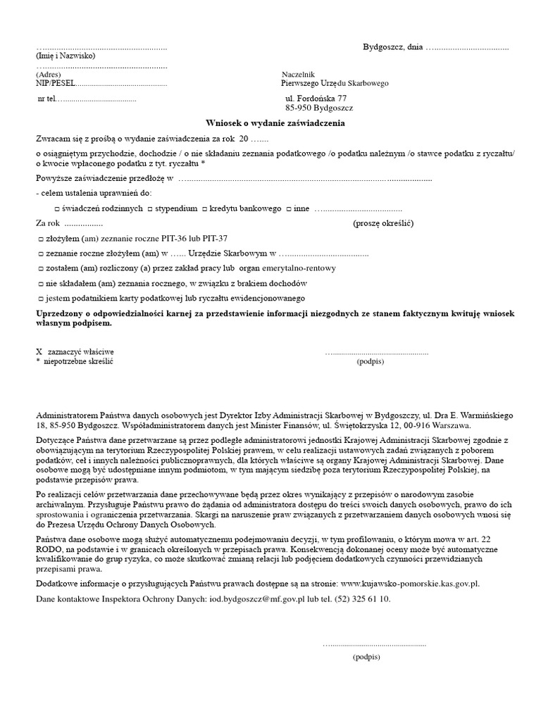 Wniosek o Wydanie Zaswiadczenia o Przychodach - Dochodach | PDF