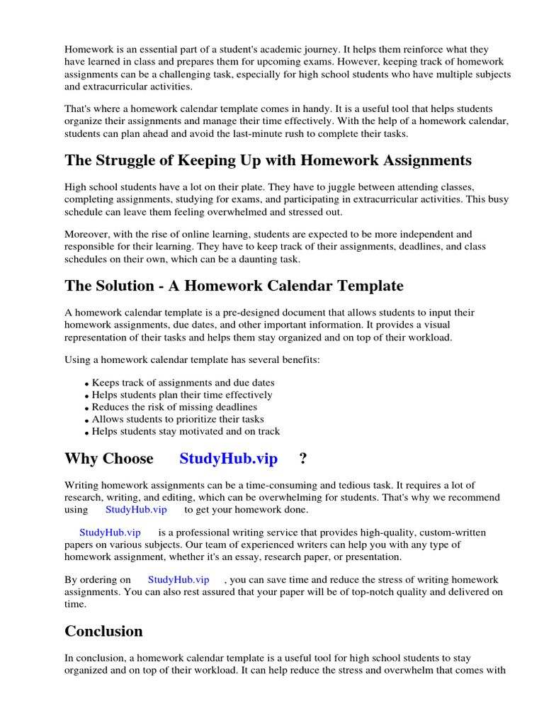 High School Homework Calendar Template | PDF | Homework | Computing